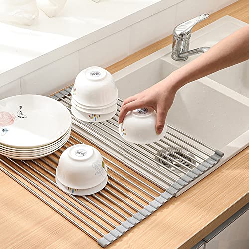 MGahyi Roll Up Dish Drying Rack, Over The Sink Drying Rack, Multipurpose 304 Stainless Steel Silicone Wrapped Steel Roll-Up , Folding Dish Rack for Kitchen Sink (Gray, 17.3" x 13 ")