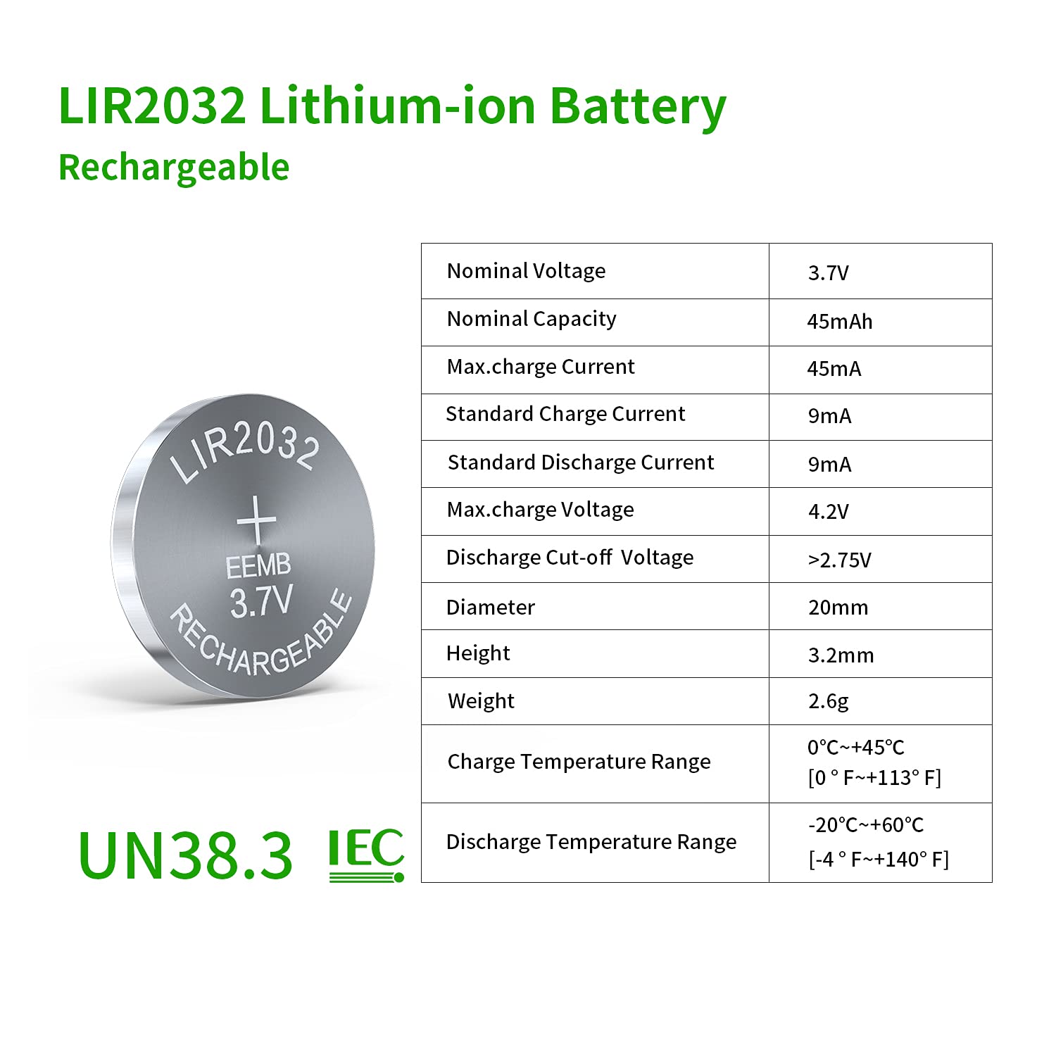 EEMB 50PACK LIR2032 Rechargeable Battery 3.7V Lithium-ion Coin Button Cell Batteries 45mAh for Car Remote Key Fob Watch