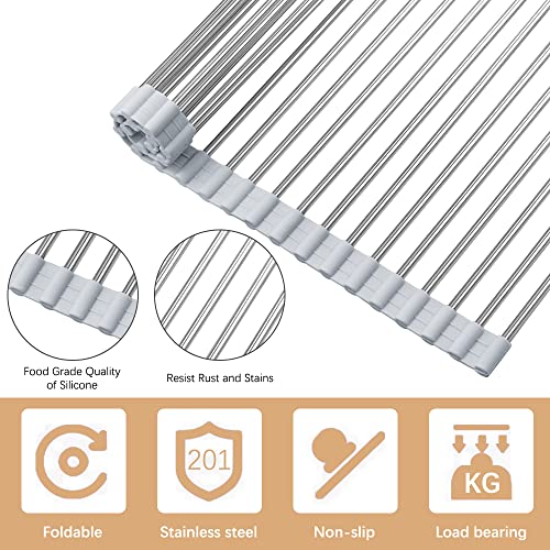 MGahyi Roll Up Dish Drying Rack, Over The Sink Drying Rack, Multipurpose 304 Stainless Steel Silicone Wrapped Steel Roll-Up , Folding Dish Rack for Kitchen Sink (Gray, 17.3" x 13 ")