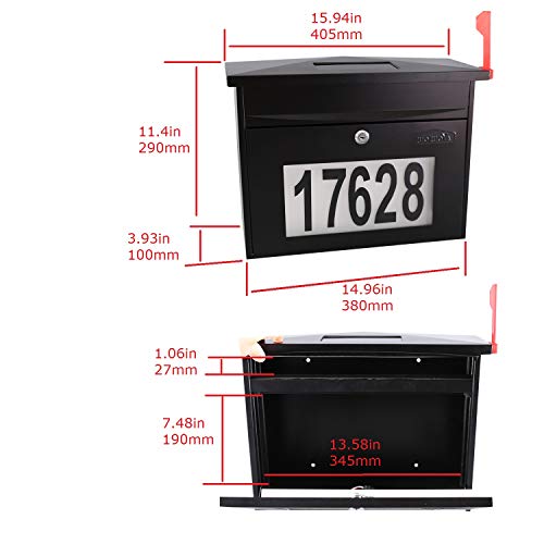 Black Wall Mount Locking Mailbox - Solar House Numbers Light Large Capacity Illuminated at Night - Waterproof Iron Mental Address Numbers Mail Box Outdoor with Keys