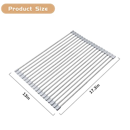 MGahyi Roll Up Dish Drying Rack, Over The Sink Drying Rack, Multipurpose 304 Stainless Steel Silicone Wrapped Steel Roll-Up , Folding Dish Rack for Kitchen Sink (Gray, 17.3" x 13 ")