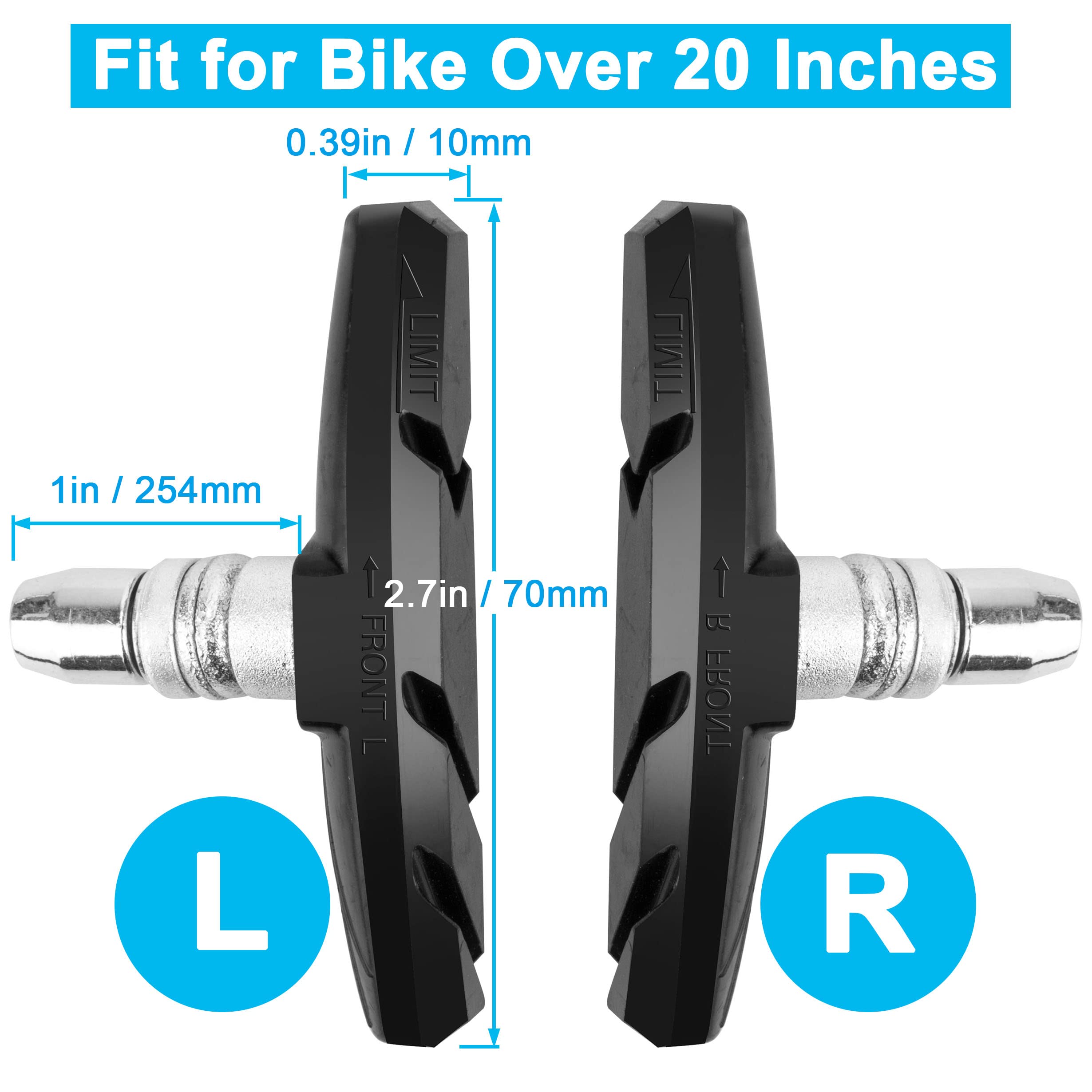 GPMTER 2 Pairs Bike Brakes Pads Set, 70mm for Cruiser MTB Mountain Bicycle Universal V-Brake Blocks with Hex Nut and Shims, No Noise No Skid