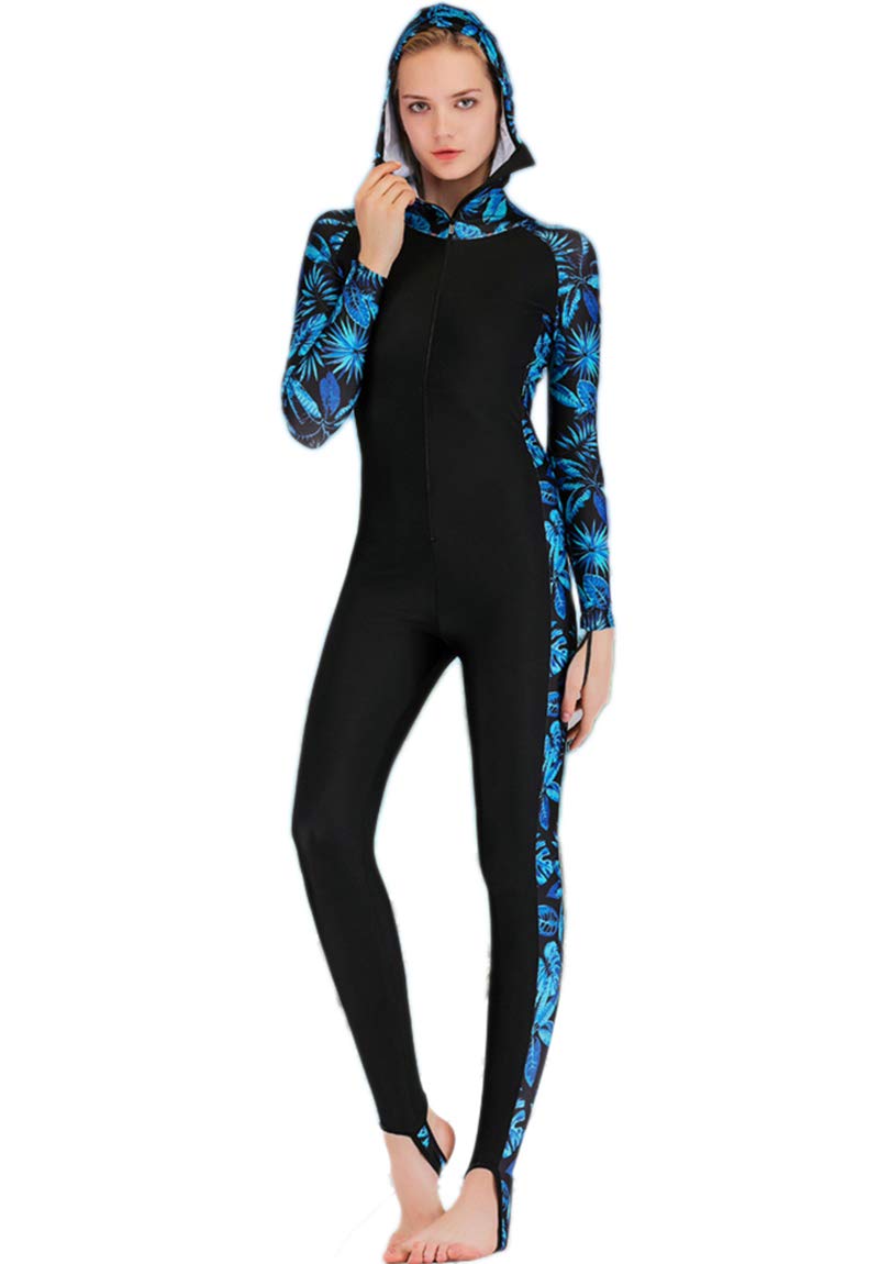 Akaeys Full Body Swim Dive Skin Suit Hooded One Piece Rash Guard for Women Blue