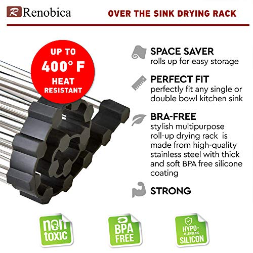 RENOBICA Roll Up Dish Drying Rack 21" x 16" - Over The Sink for Kitchen Counter, Foldable SUS304 Stainless Steel Dish Drying Rack for Cups, Utensils, Fruits, Vegetables