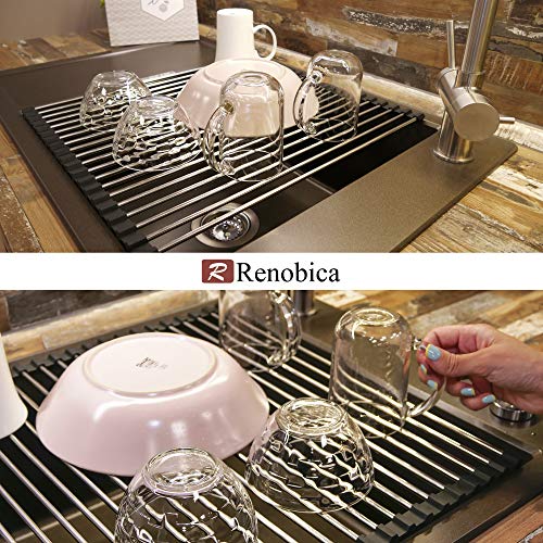 RENOBICA Roll Up Dish Drying Rack 21" x 16" - Over The Sink for Kitchen Counter, Foldable SUS304 Stainless Steel Dish Drying Rack for Cups, Utensils, Fruits, Vegetables