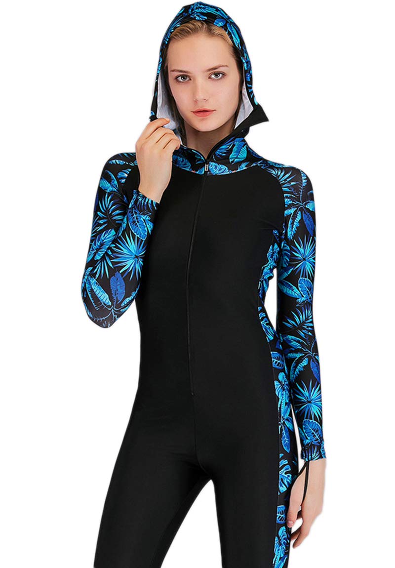 Akaeys Full Body Swim Dive Skin Suit Hooded One Piece Rash Guard for Women Blue