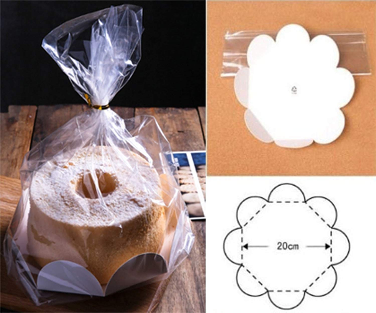 Mistari Clear Plastic Bake Bags Cellophane Treat Bags for Toast Bread Cookie Candy Cake Bakery Gift Packaging, 8β Cake Tray and Gold Ribbon (20 Pack)