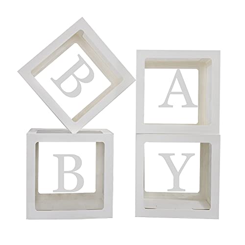 QPEY Baby Boxes with Letters for Baby Shower,Clear Baby Shower Decorations Block Boxes,Transparent Balloon Box Backdrop for Baby Shower & Birthday Party,4PCS