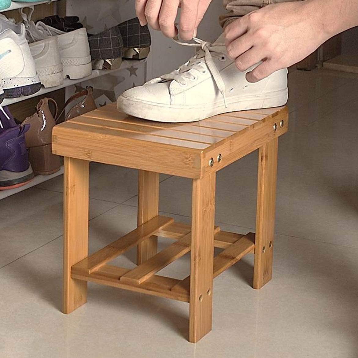ASelected Bamboo Shower Bench Stool, 10 inch Wooden Foot Step Stool for Bathroom Bedroom Kitchen Mudroom Foyer Entryway Shoe Bench