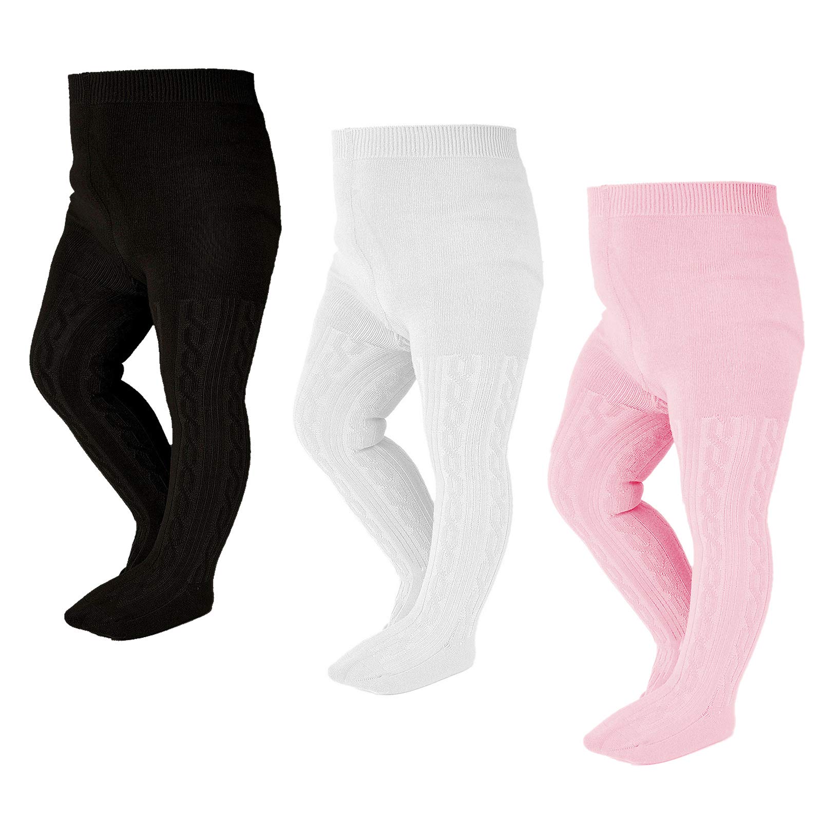 EPEIUS Little Girl Tights Toddler Baby Girl Seamless Cable Knit Leggings Thick Solid Cotton Stockings Footed Pants for 2-4 Years 3 Pair Pack,Black/White/Pink