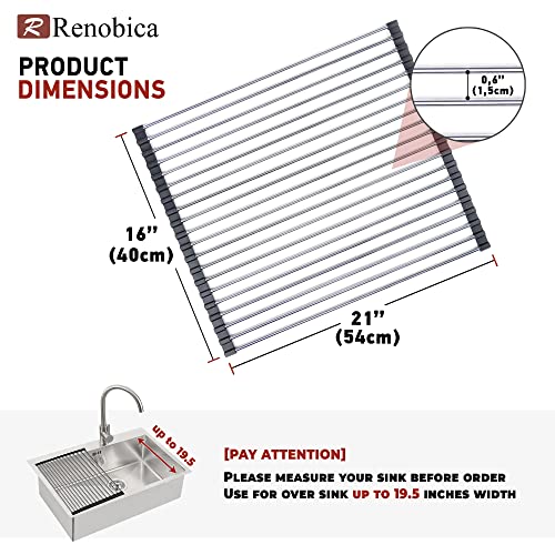 RENOBICA Roll Up Dish Drying Rack 21" x 16" - Over The Sink for Kitchen Counter, Foldable SUS304 Stainless Steel Dish Drying Rack for Cups, Utensils, Fruits, Vegetables