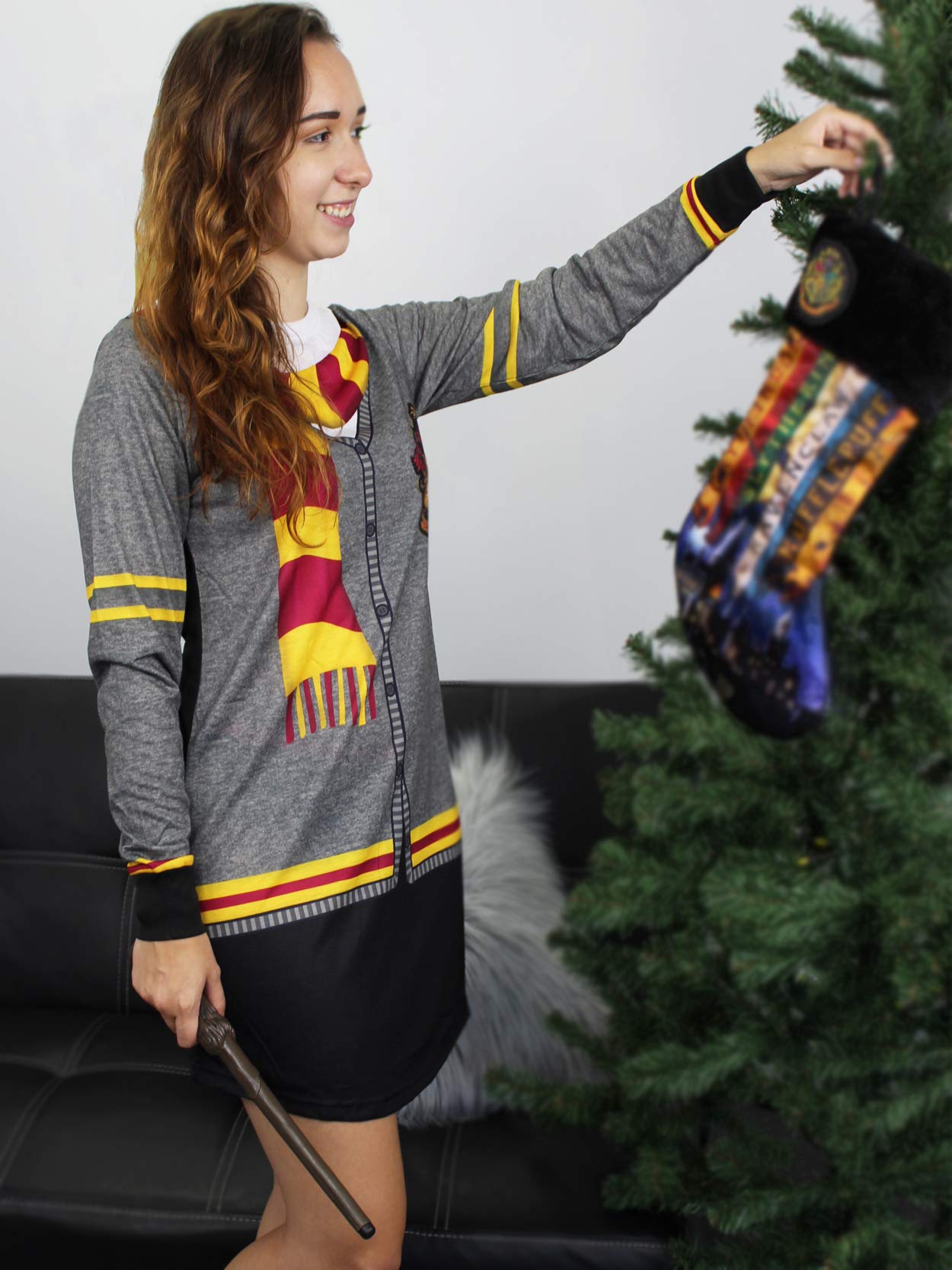 Harry Potter Hogwarts Gryffindor Women's Long Sleeve Nightgown Pajamas (X-Small, Black/Grey)