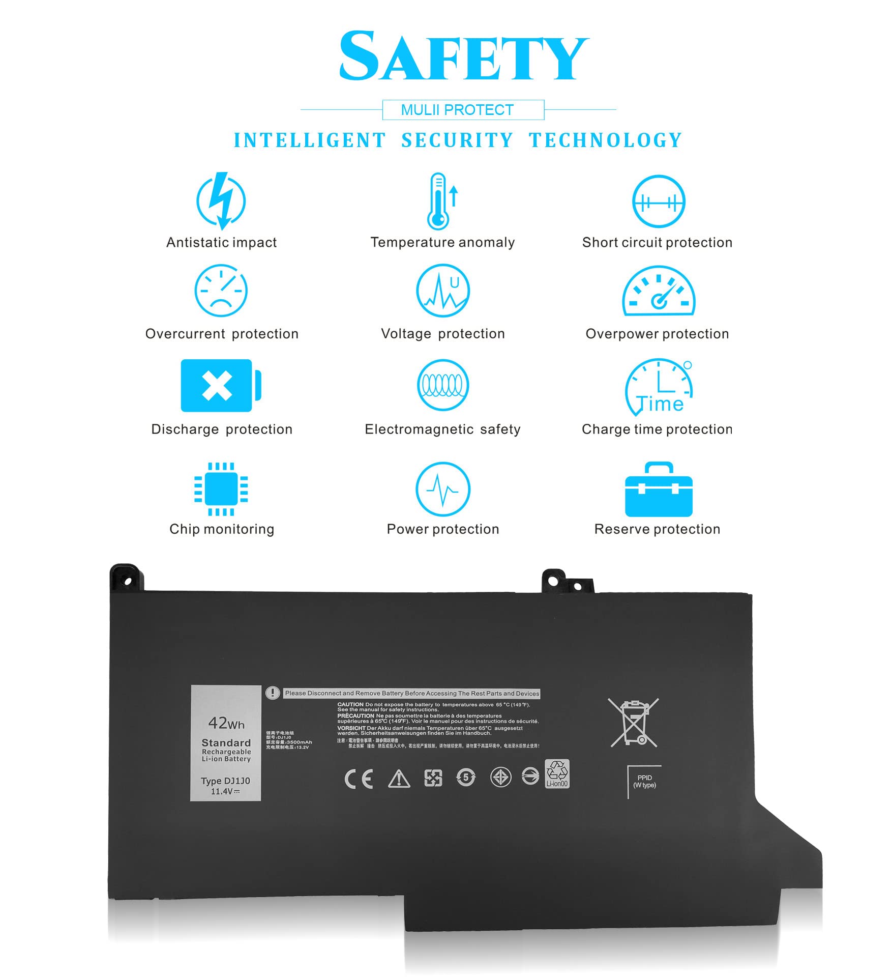 DJ1J0 42WH Laptop Battery for Dell Latitude 7280 7290 E7280 E7290 13 7380 7390 E7380 E7390 14 7480 7490 E7480 E7490 P28S P28S001 Series 451-BBZL C27RW PGFX4 ONFOH DJ1JO K8X0T1 ONFOH K8X0T KHY0C