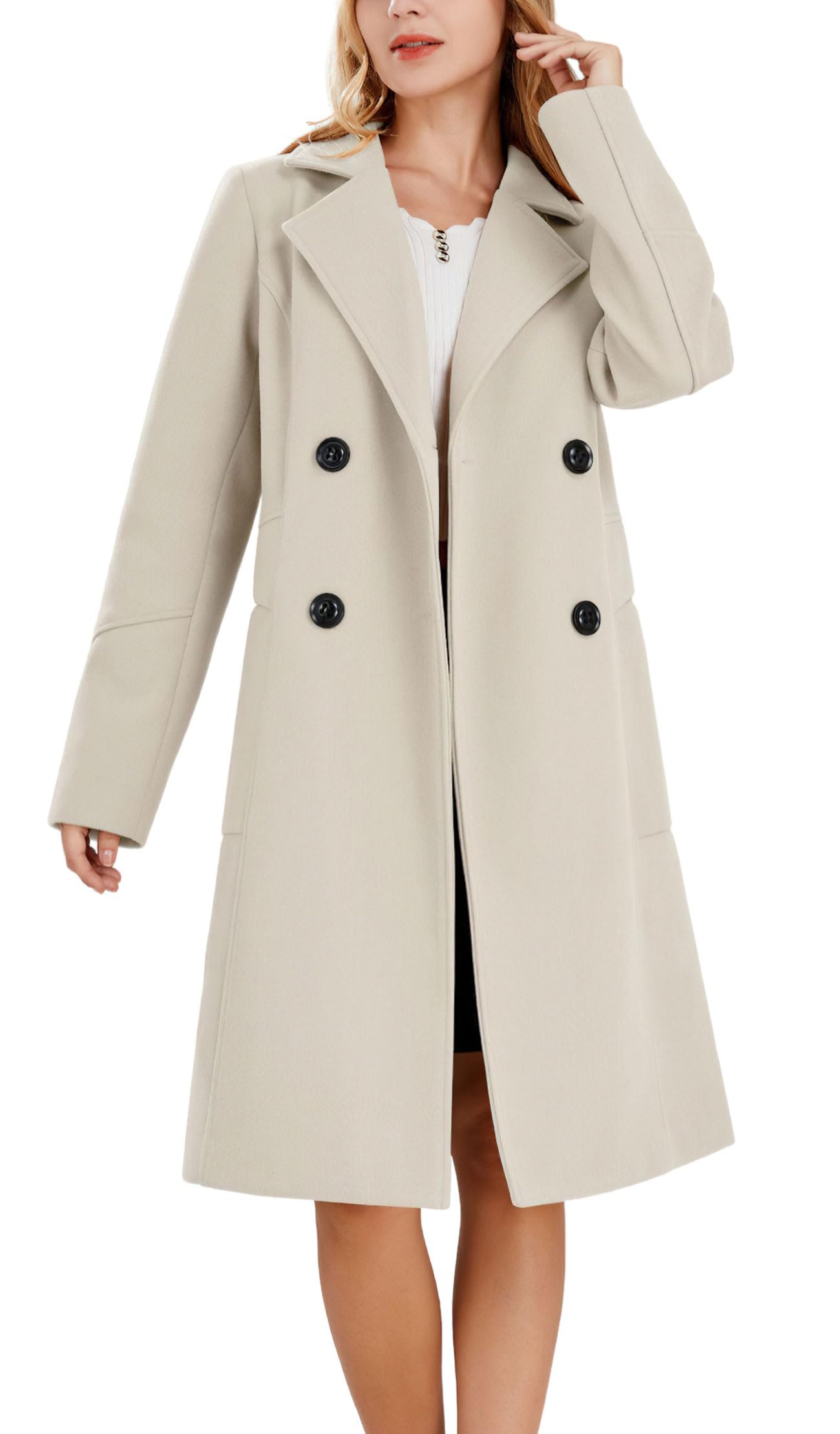 chouyatou Women's Basic Essential Double Breasted Mid-Long Wool Blend Pea Coat (Small, Off White)