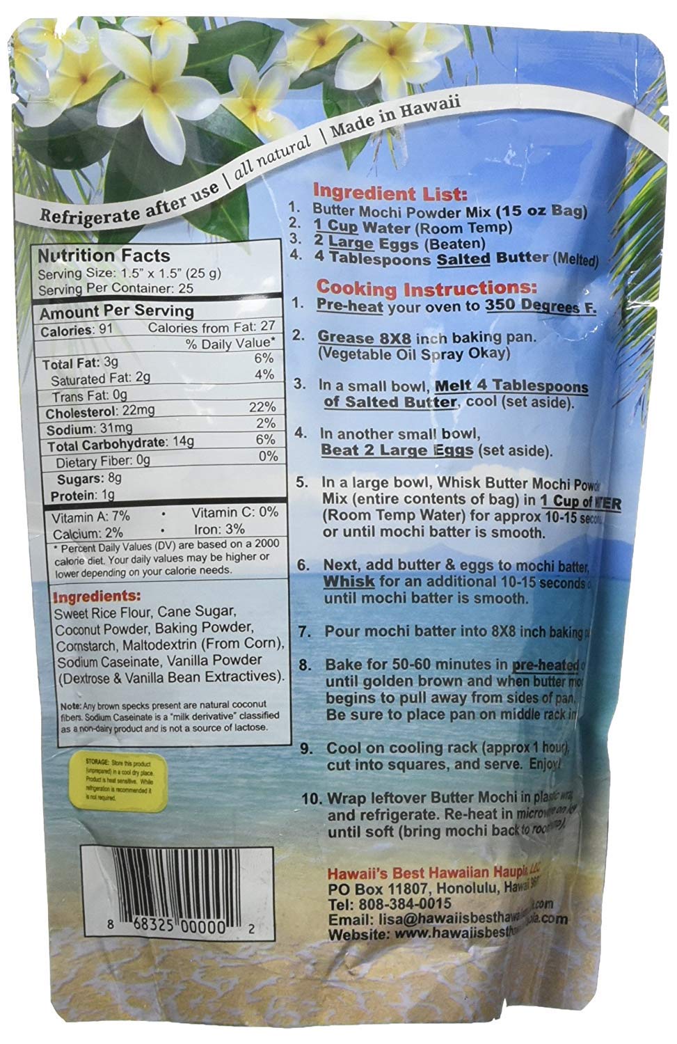 Hawaii's Best Butter Mochi Two Pack (15 oz each) - Easy to Make Traditional Hawaiian Style Butter Mochi Cake Mix - Gluten Free Dessert Mix - Two Pack Mochi Mix