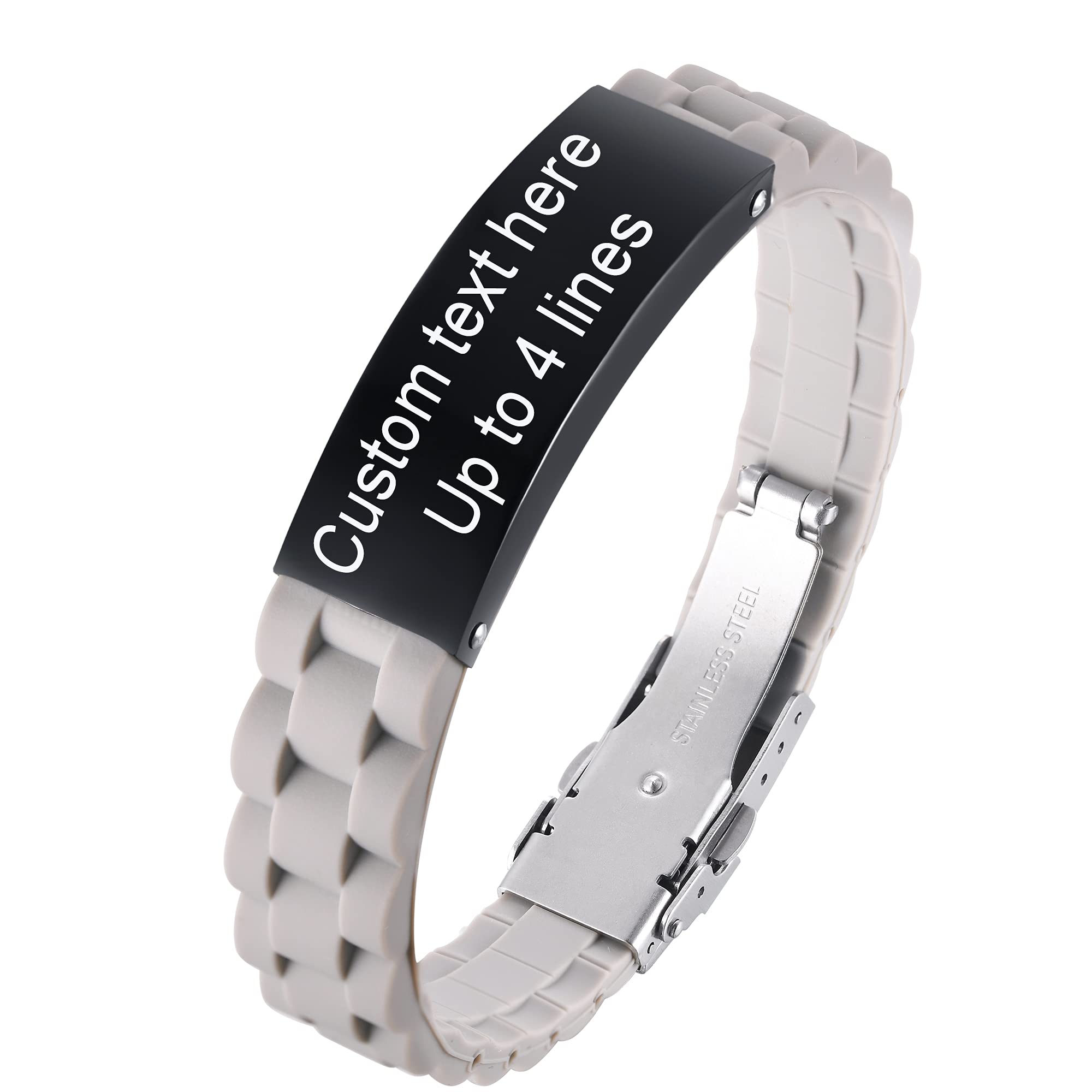 XUANPAI Personalized Custom Message Silicone Stainless Steel ID Tag Wristband Bangle,Adjustable Bracelet (Grey-Engraving)
