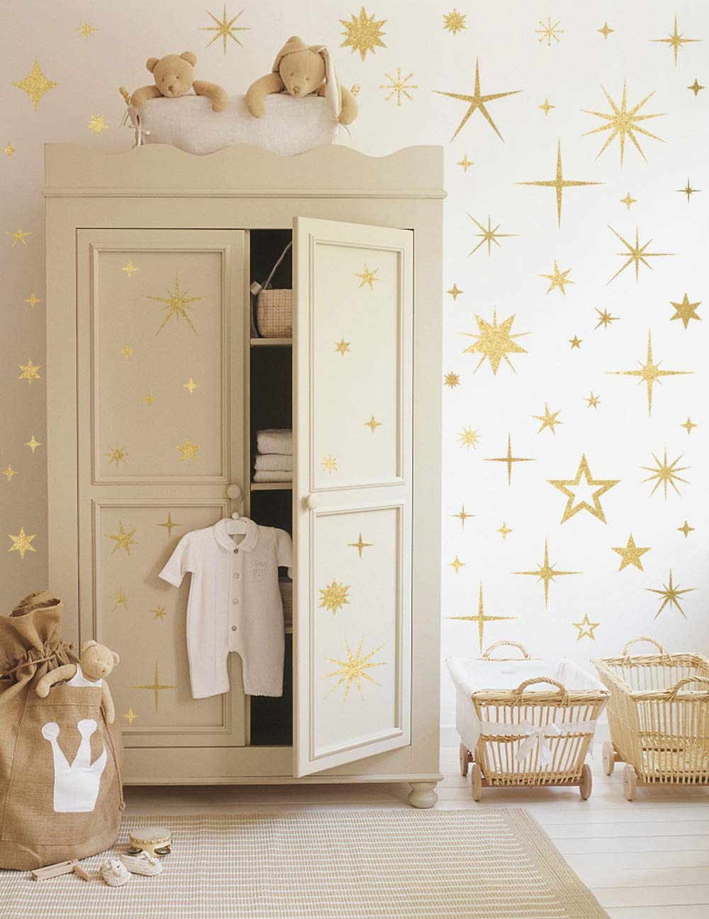 Mozamy Creative Sparkle Star Decals (147 Count) - Gold Star Decals for Bedroom, Removable Peel and Stick, Vintage Gold