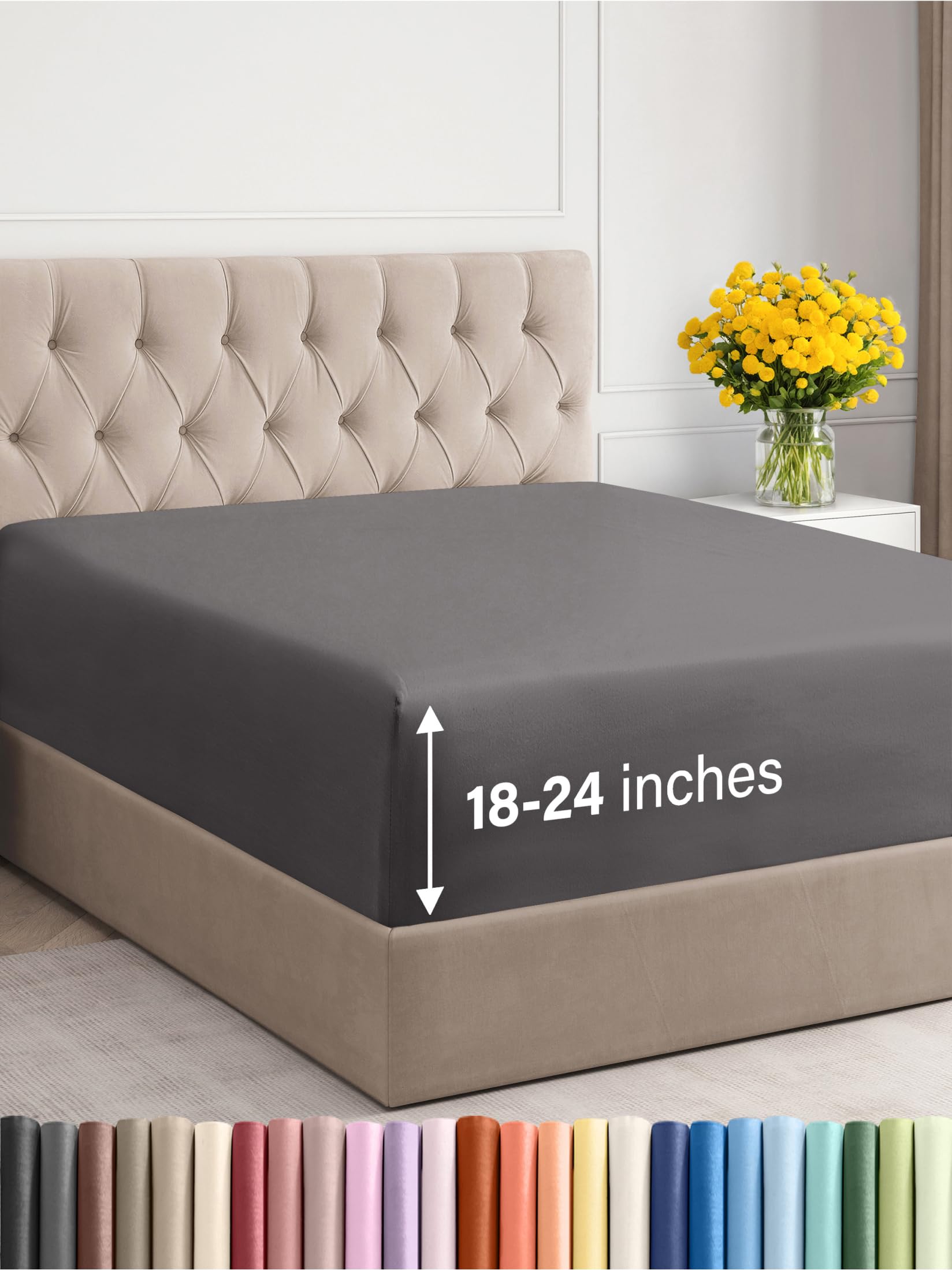 Extra Deep King Fitted Sheet - Hotel Luxury Single Fitted Sheet Only - Easily Fits 18 inch to 24 inch Mattress - Ultra Soft, Wrinkle & Fade Free w/Extra Deep Pockets - Breathable & Comfy - Dark Grey