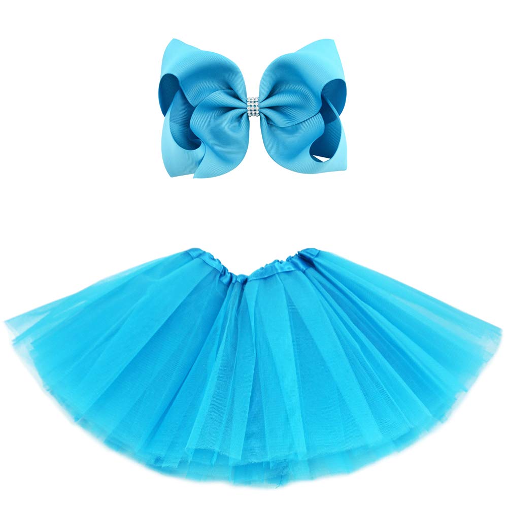BGFKS 5 Layered Tulle Tutu Skirt for Girls with Hairbow, Ballet Dressing Up Kid Tutu Skirt (Blue, 2-8 Years Old)