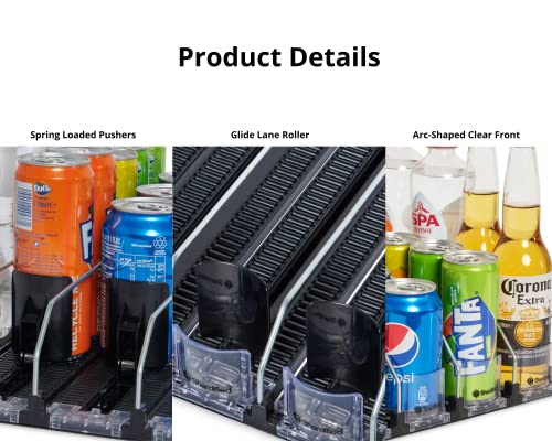 Shardified Drink Organizer for Fridge, Self-Pushing Beverage Organizer for Refrigerator, Width Adjustable Soda Can Pusher Glide, Beer Water Bottle Storage for Pantry, Glossy-Black, 5-Row