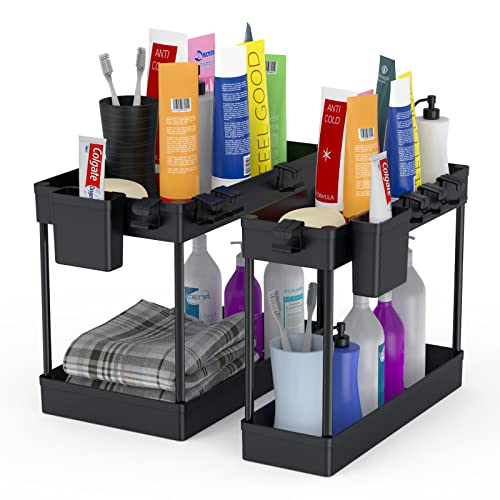 Under Sink Organizers and Storage 2 PCS, 2 Size Multi-Usage Storage Shelf with Hooks, 2 Tier Under Cabinet Basket Organizer for Kitchen Bathroom, Under the Sink Standing Stackable Rack for Bath