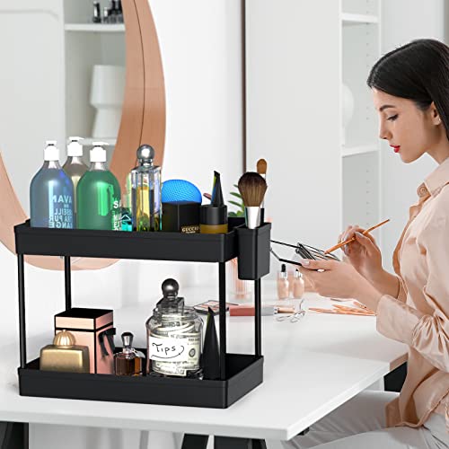 Under Sink Organizers and Storage 2 PCS, 2 Size Multi-Usage Storage Shelf with Hooks, 2 Tier Under Cabinet Basket Organizer for Kitchen Bathroom, Under the Sink Standing Stackable Rack for Bath