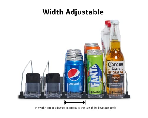 Shardified Drink Organizer for Fridge, Self-Pushing Beverage Organizer for Refrigerator, Width Adjustable Soda Can Pusher Glide, Beer Water Bottle Storage for Pantry, Glossy-Black, 5-Row