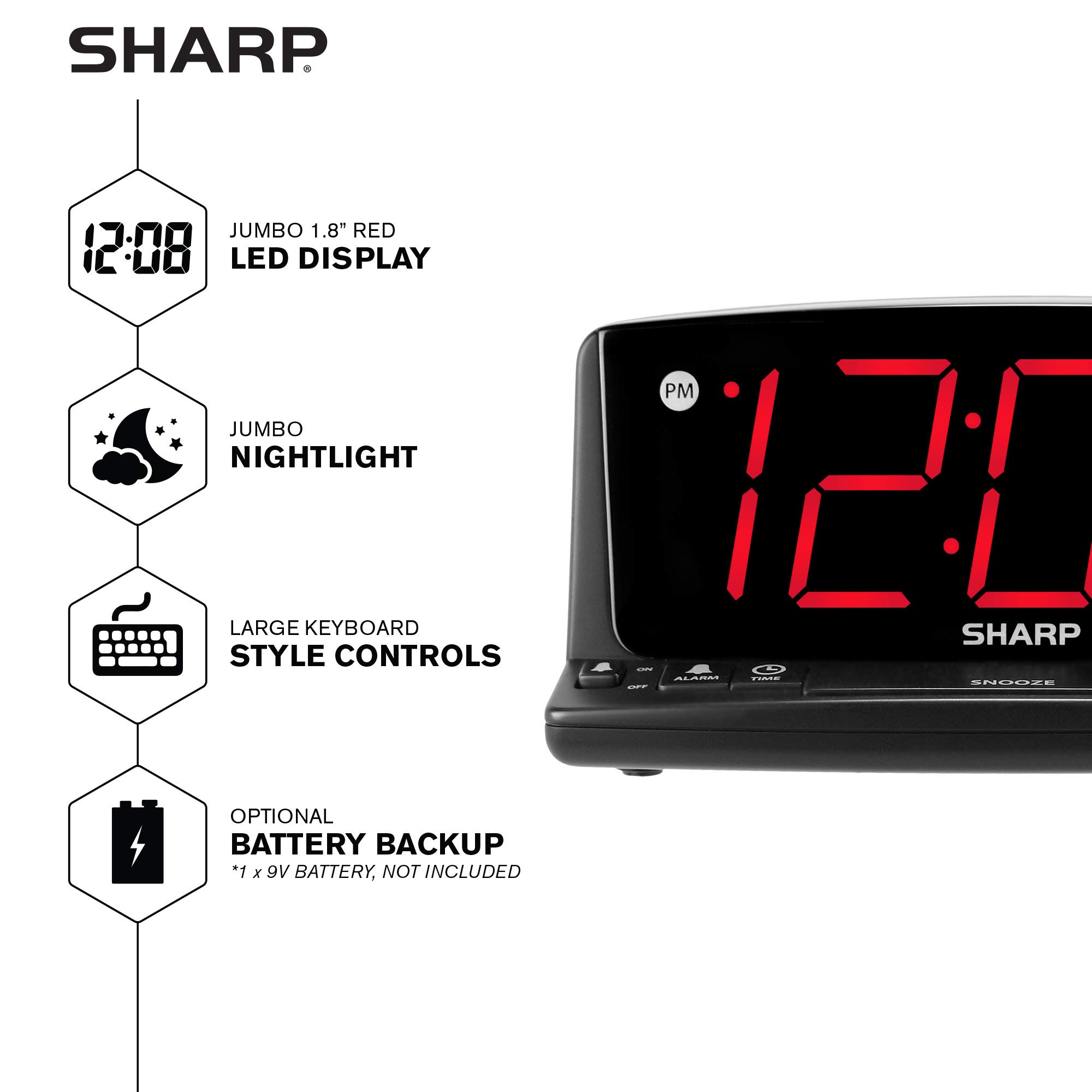 SHARP LED Digital Alarm Clock β Simple Operation - Easy to See Large Numbers, Built in Night Light, Loud Beep Alarm with Snooze, Bright Big Red Digit Display