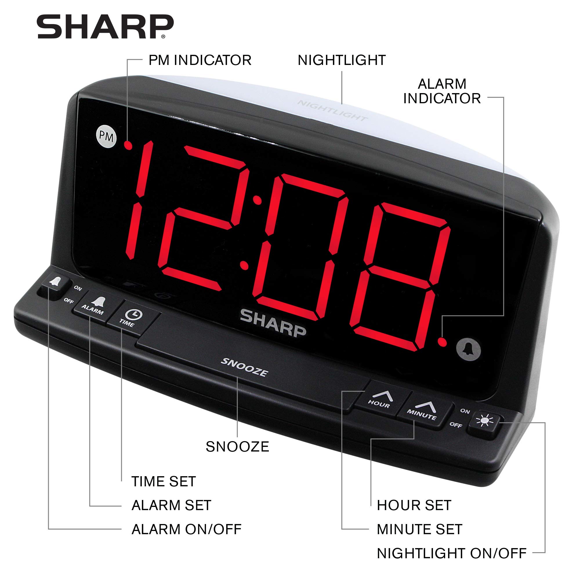 SHARP LED Digital Alarm Clock β Simple Operation - Easy to See Large Numbers, Built in Night Light, Loud Beep Alarm with Snooze, Bright Big Red Digit Display