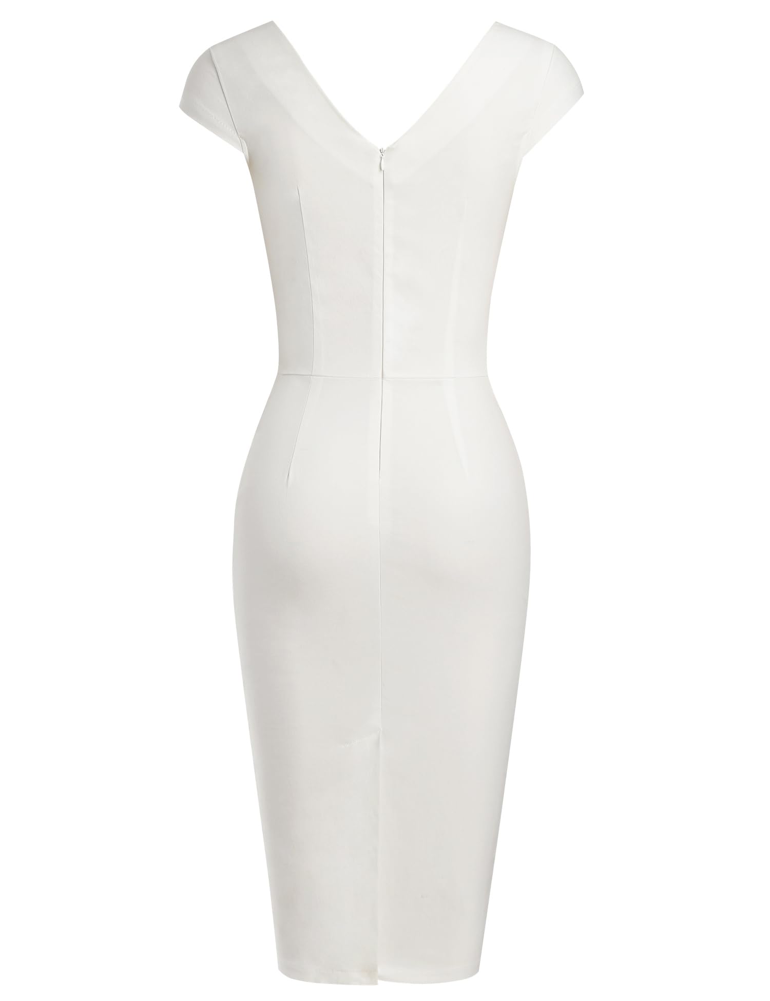 MUXXN Ladies Cut Out Neck High Stretch Pleated Wear to Work Midi Office Dress with Sleeve (Off White L)