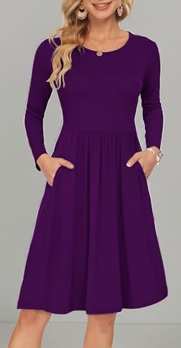 AUSELILY Women Long Sleeve Dresses Round Neck Casual Spring Swing Dress with Pockets Purple L