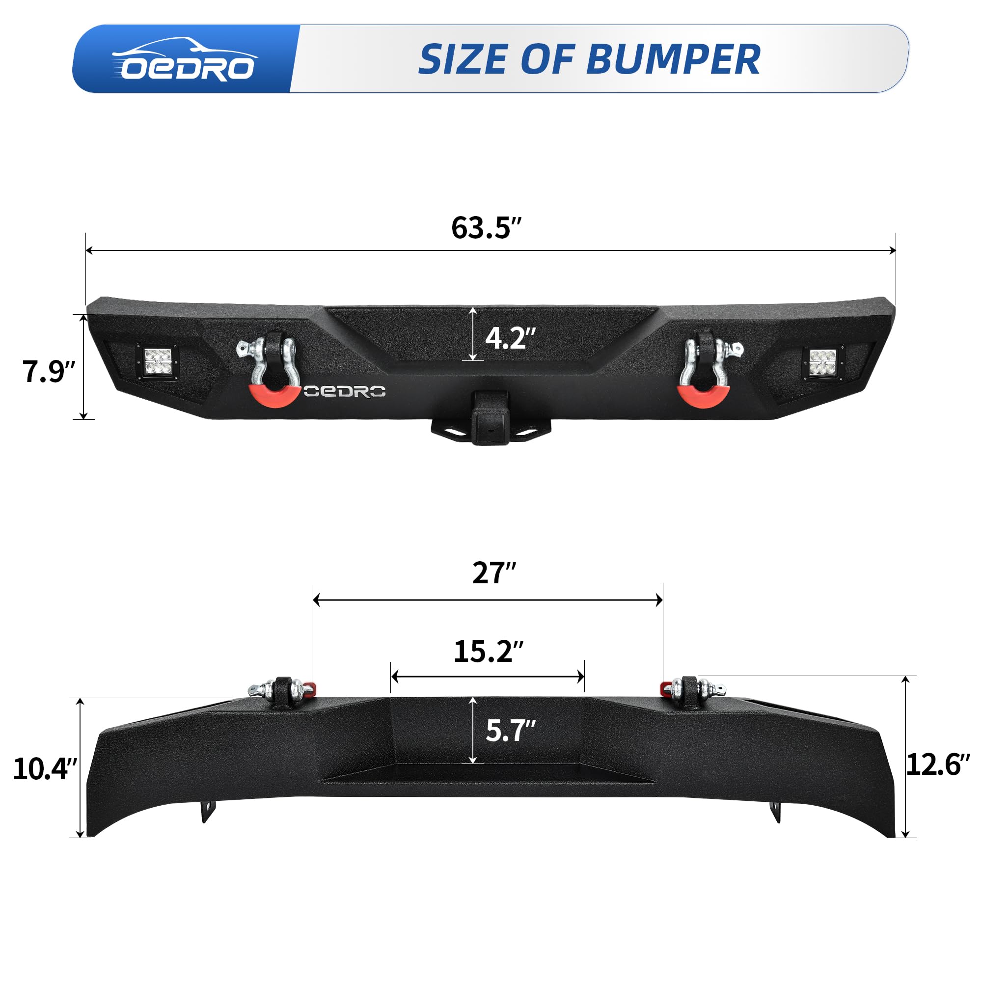 OEDRO Rear Bumper Compatible for 2007-2018 Jeep Wrangler JK Unlimited, Rock Crawler Bumper with Hitch Receiver & 2X LED Lights Off Road Textured Black