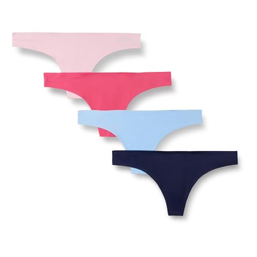 Amazon Essentials Seamless Underwear for Women Thong, Bonded Stretch, 4-Pack, Blue/Pink, X-Small
