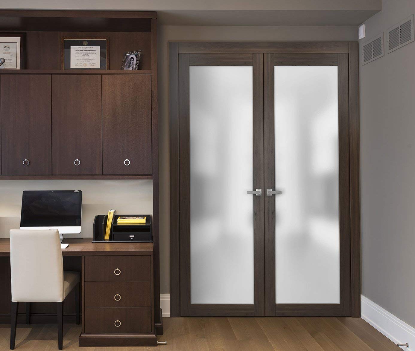 SARTODOORS - French Lite Frosted Glass Doors 72 x 80 | Planum 2102 Chocolate Ash | Frames Trims Satin Nickel Hardware | Bedroom Hall Solid Core Wooden Panels