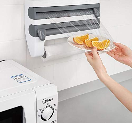 4-in-1 Wall-Mount Paper Towel Holder,Plastic Wrap Foil Dispenser,Wall-Mount Sauce Bottle Storage,Bathroom Organizer Storage,Shelf Adhesive Wall Mount,Rack Paper Towel Holder (Gray)