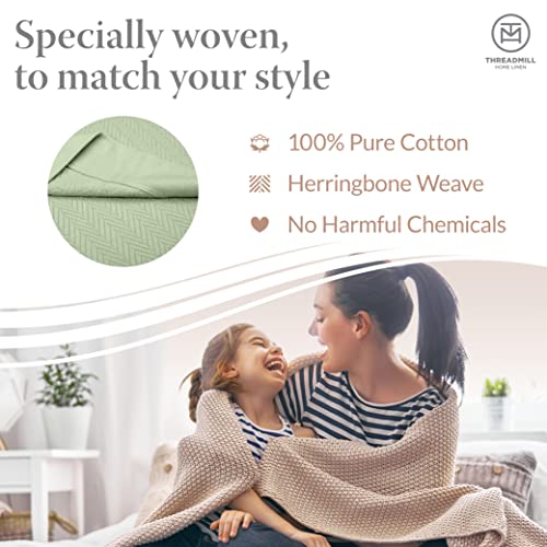 Threadmill Luxury Cotton Blankets for Twin Size Bed | All-Season 100% Cotton Twin Blanket for Bed | Herringbone Soft & Cozy Fall Thermal Blanket, 350GSM, 68x92 inches | Sage Green