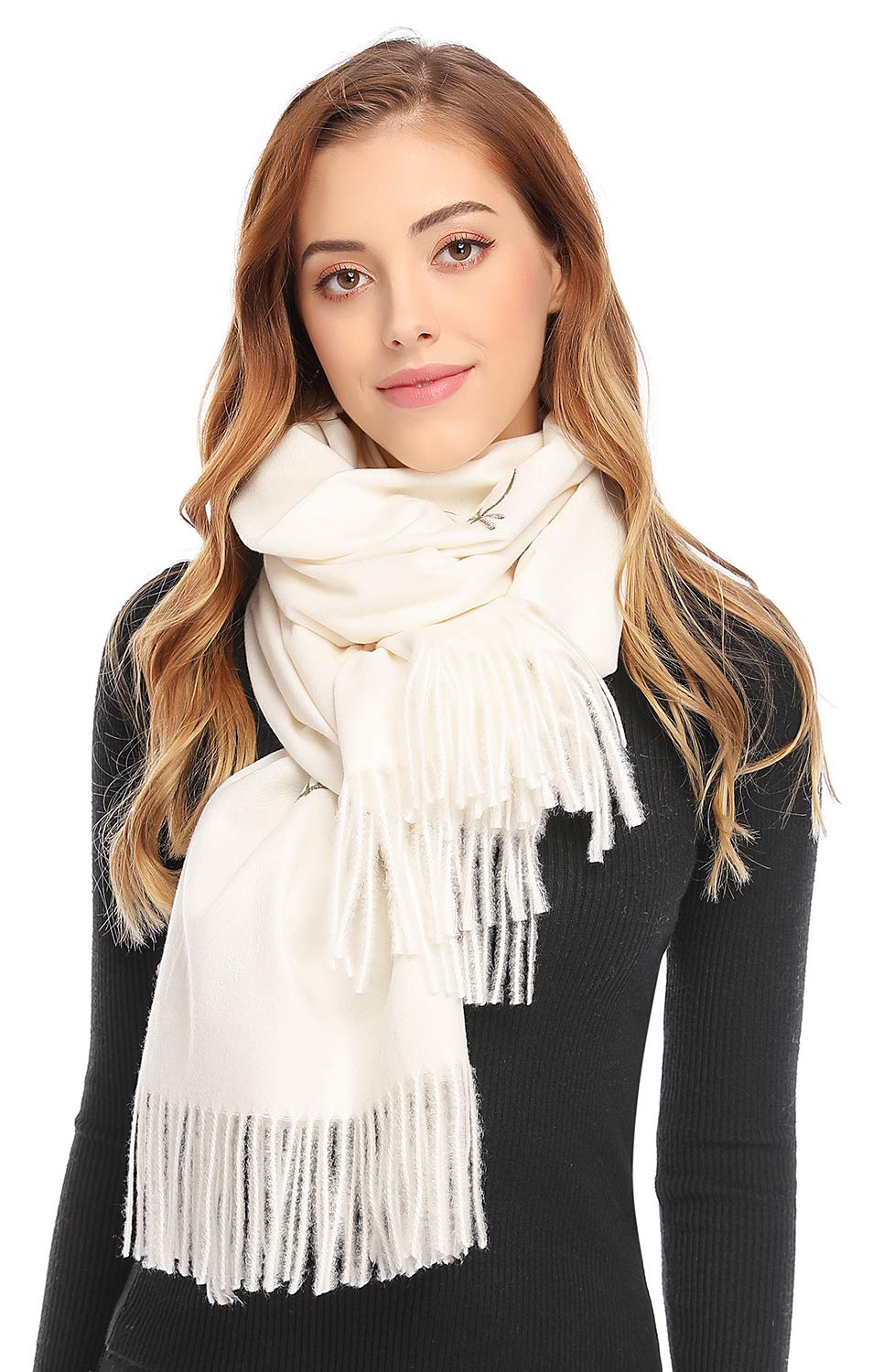 Bienvenu Dragonfly Detail Large Women Soft Cashmere Wool Wraps Shawls Stole Scarf,White