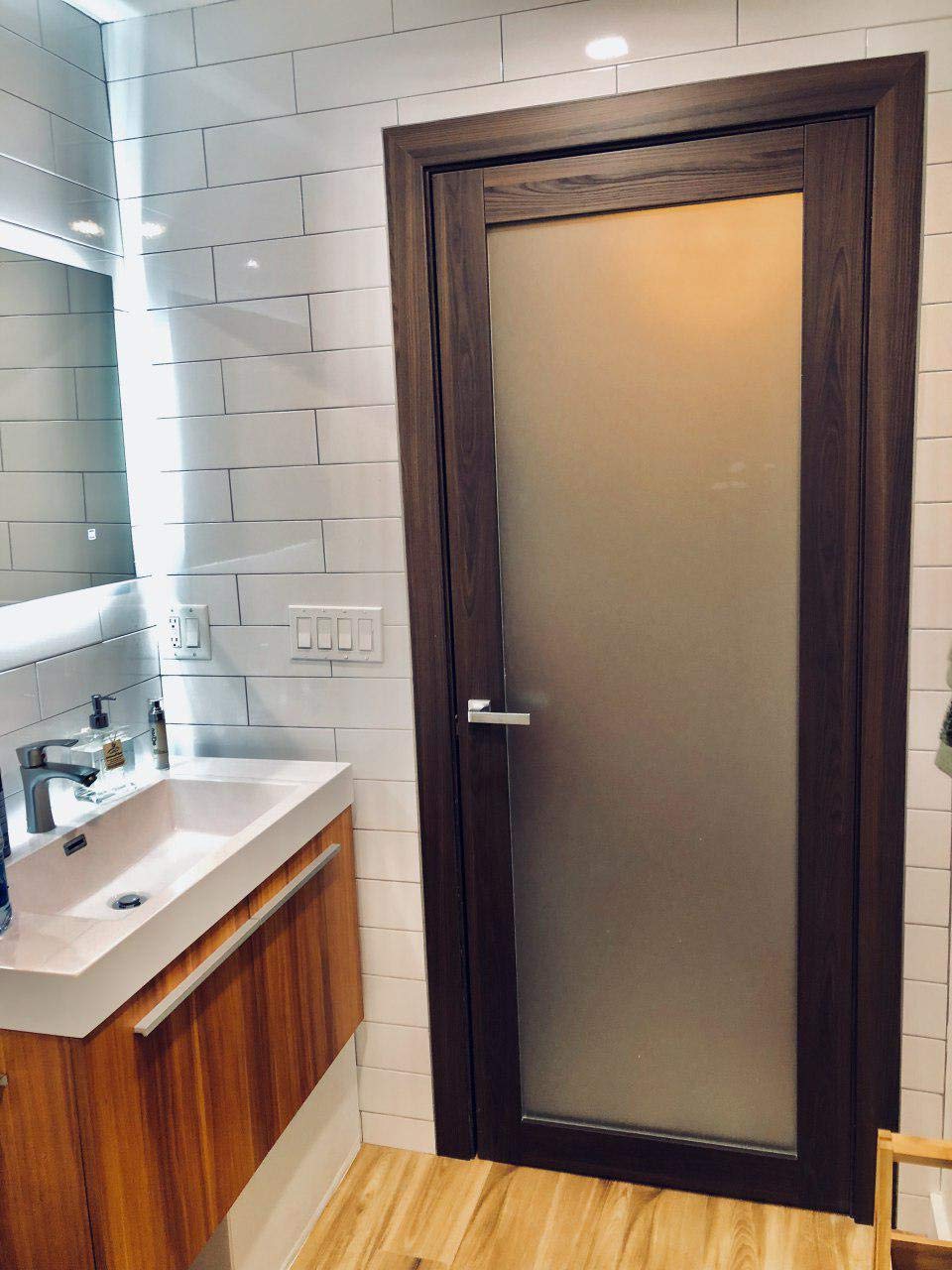SARTODOORS - French Lite Frosted Glass Doors 72 x 80 | Planum 2102 Chocolate Ash | Frames Trims Satin Nickel Hardware | Bedroom Hall Solid Core Wooden Panels