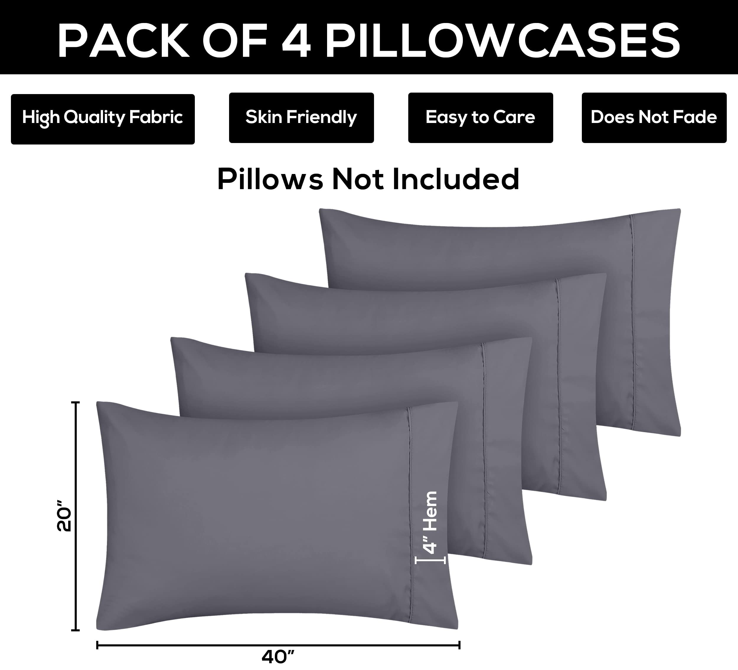 Utopia Bedding King Pillow Cases - Pack of 4 - Envelope Closure - Soft Brushed Microfiber Fabric - Shrinkage and Fade Resistant Pillow Covers King Size 20 X 40 Inches (Grey)