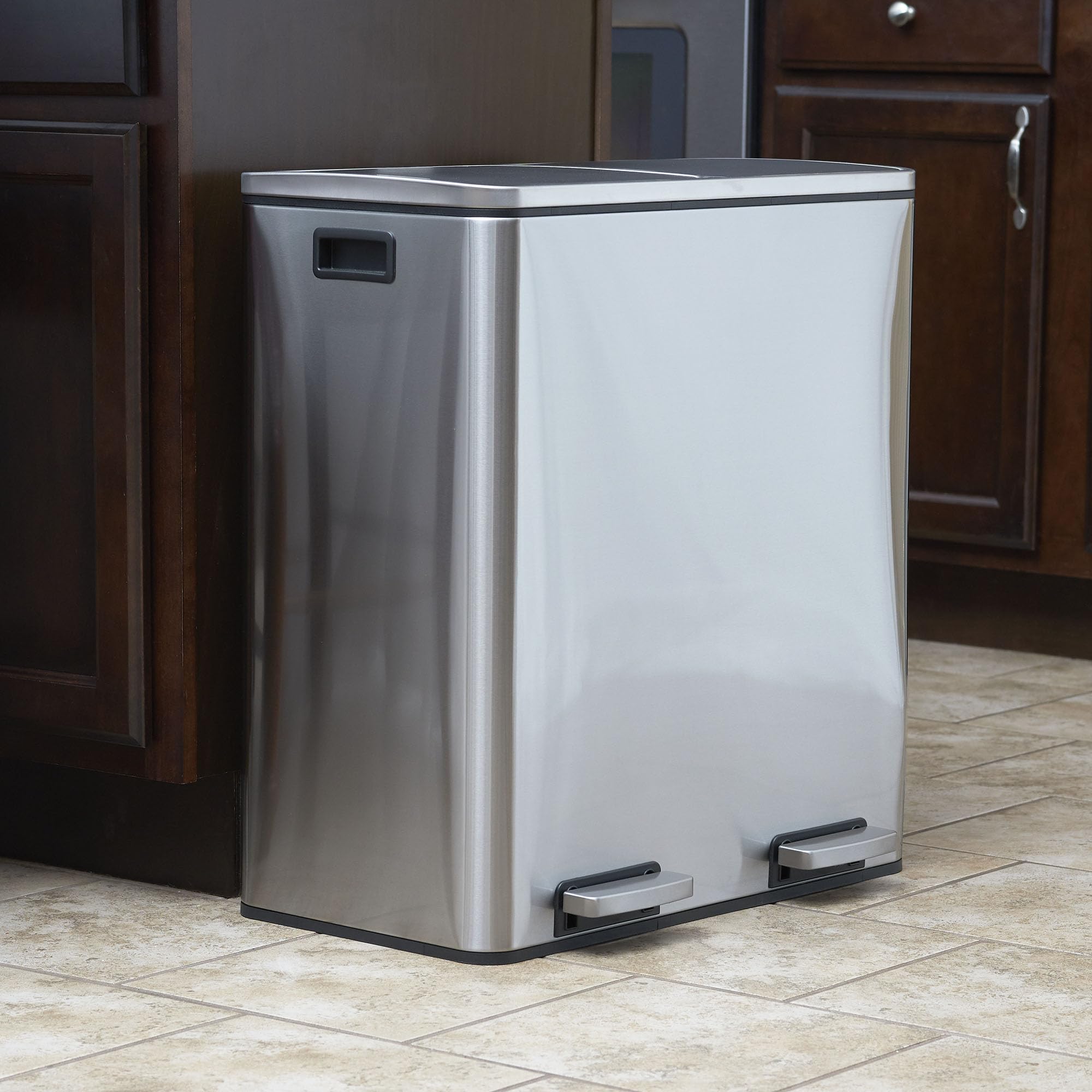 Design Trend Stainless Steel Dual Compartment Trash Can Recycler with Soft Close Lids | Two 30 Liter / 8 Gallon Bins, 60 Liter, Silver