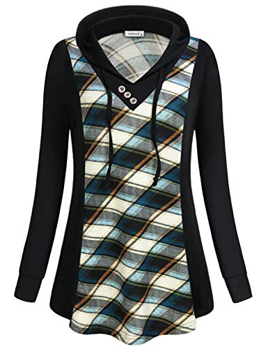 MOQIVGI Womens Plaid Hoodie Vneck Long Sleeve Sweatshirt Pullovers Modest Hipster Pretty Checkered Leisure Tunic Tops Soft Surroundings Clothing Blue Large