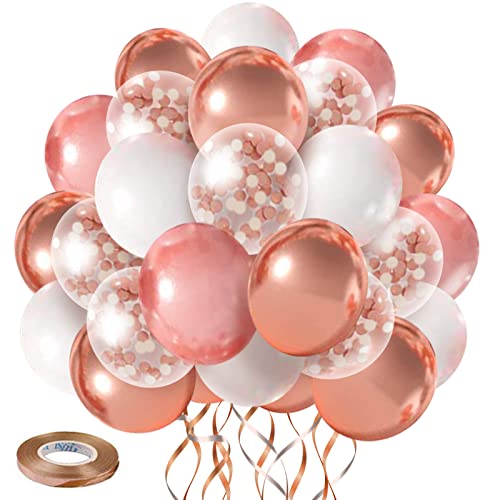 Zesliwy Rose Gold Confetti Balloons, 50 Pack 12 inch White and Rose Gold Latex Balloons with 33 Feet Rose Gold Ribbon for Birthday Party Wedding Graduation Bridal Shower Decorations.