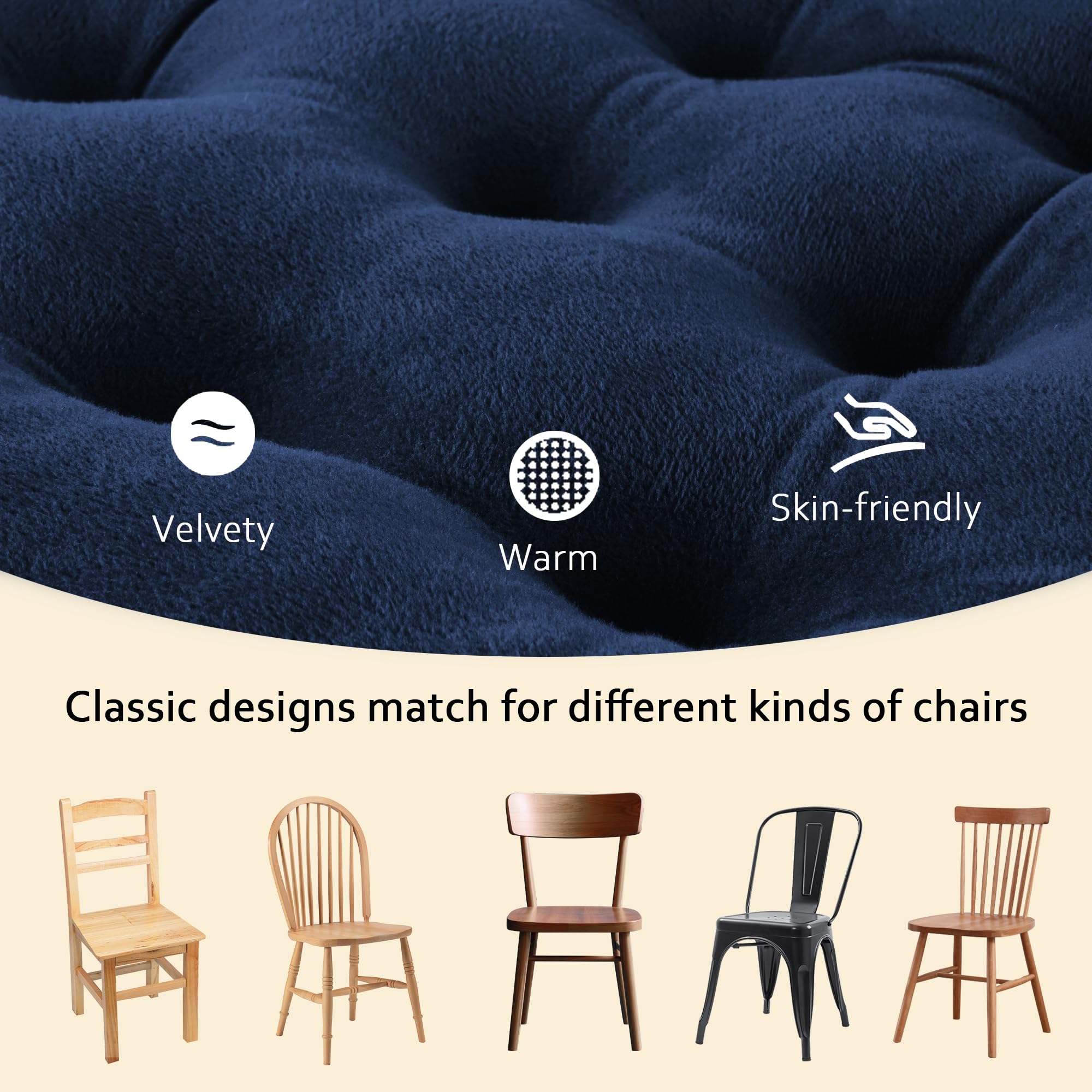 ELFJOY 4 Pack Chair Cushions for Dining Chairs Chair Pads Cushion for Kitchen Office Tufted Square Seat Cushion with Ties (16" Navy Velvet)