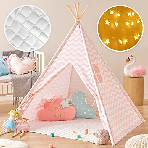Tiny Land Kids Teepee with Mat and Star Lights, Teepee Tent for Girls Aged 3+, Cotton Girls Play Tent, Foldable Toddler Tent Indoor, Best Gift for Girls (Pink)