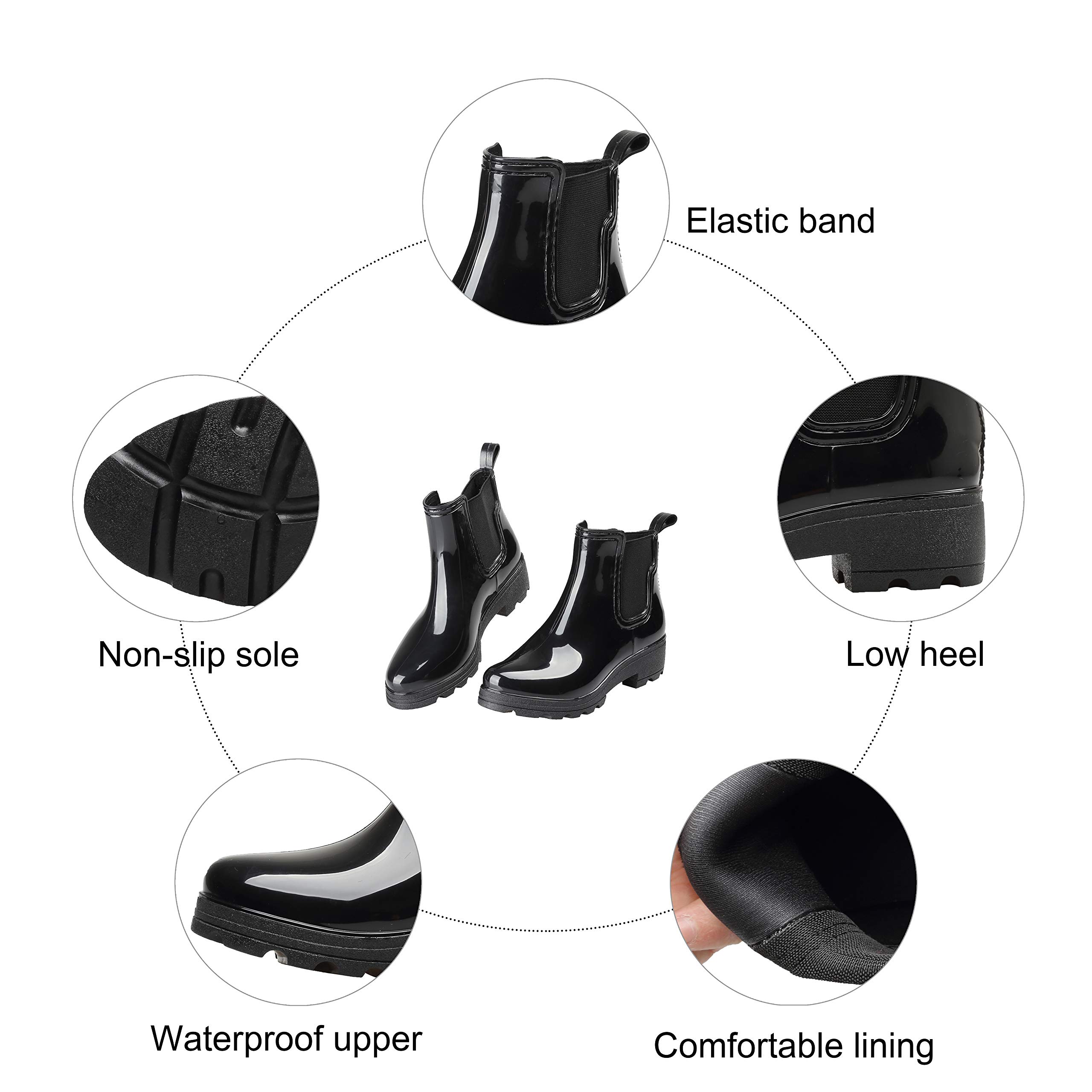 EYUSHIJIA Women's Short Rain Boots Waterproof Slip On Ankle Chelsea Booties (7 B(M), Black-A)