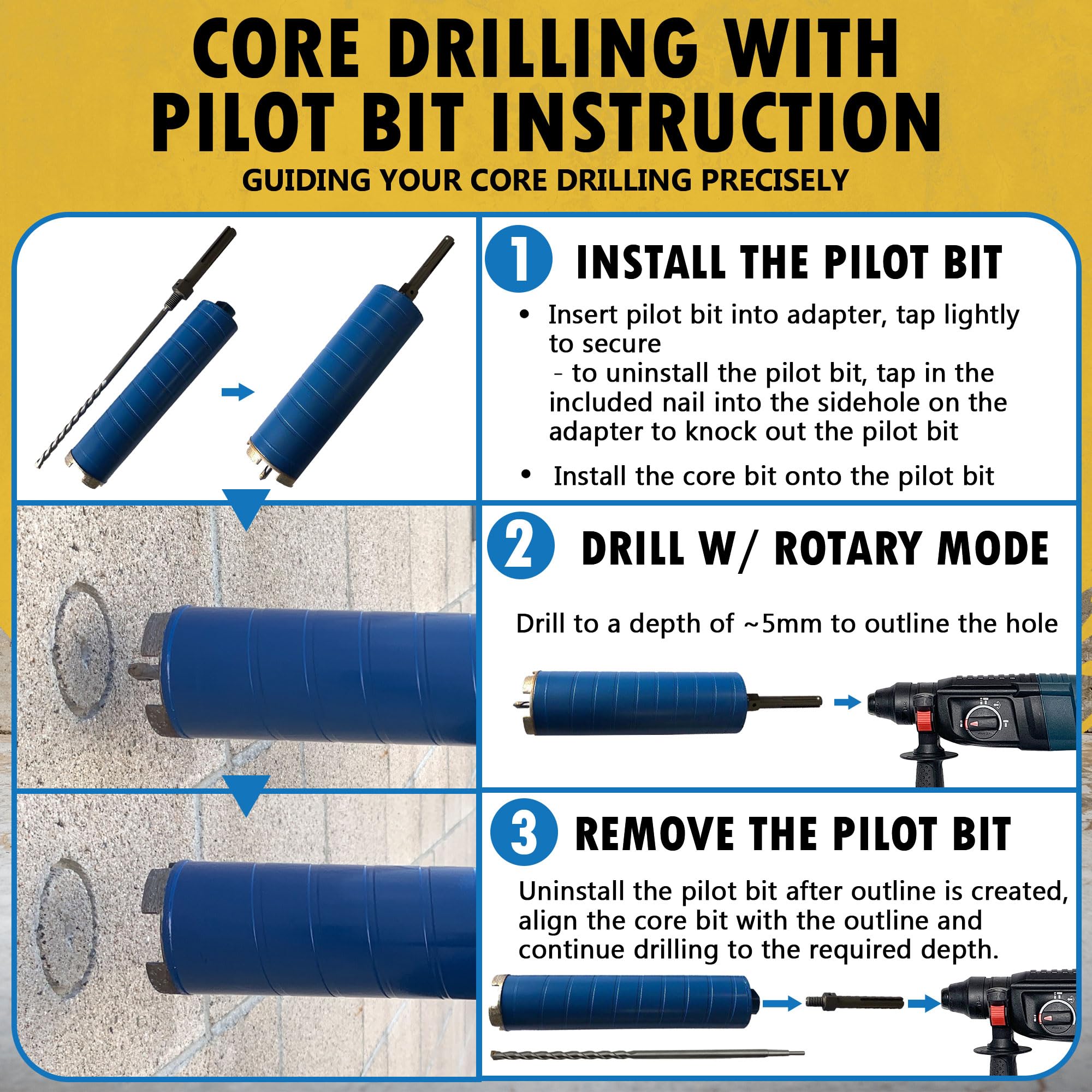2-1/2" Dry Diamond Core Drill Bits for Brick and Block, 9.5" Drilling Depth, 10mm Segment Height, SDS Max Pilot Bit Adapter