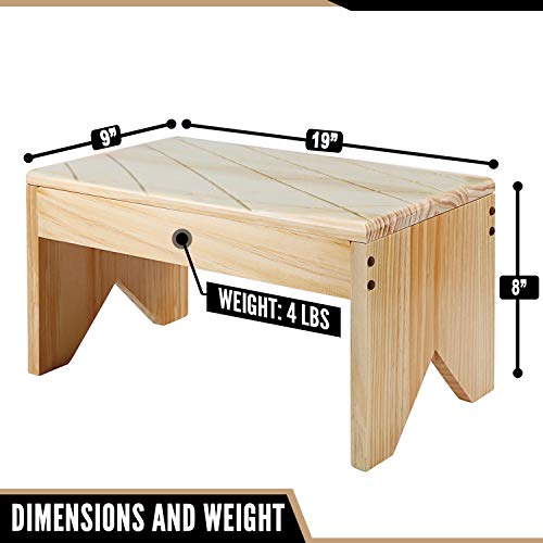 Wooden Step Stool for Adults & Kids - Very Sturdy, Bed Stool for High Beds, Kitchen, Bathroom, Closet. Made Lightweight Quality Eco Pine, Attractive & Easy to Assemble