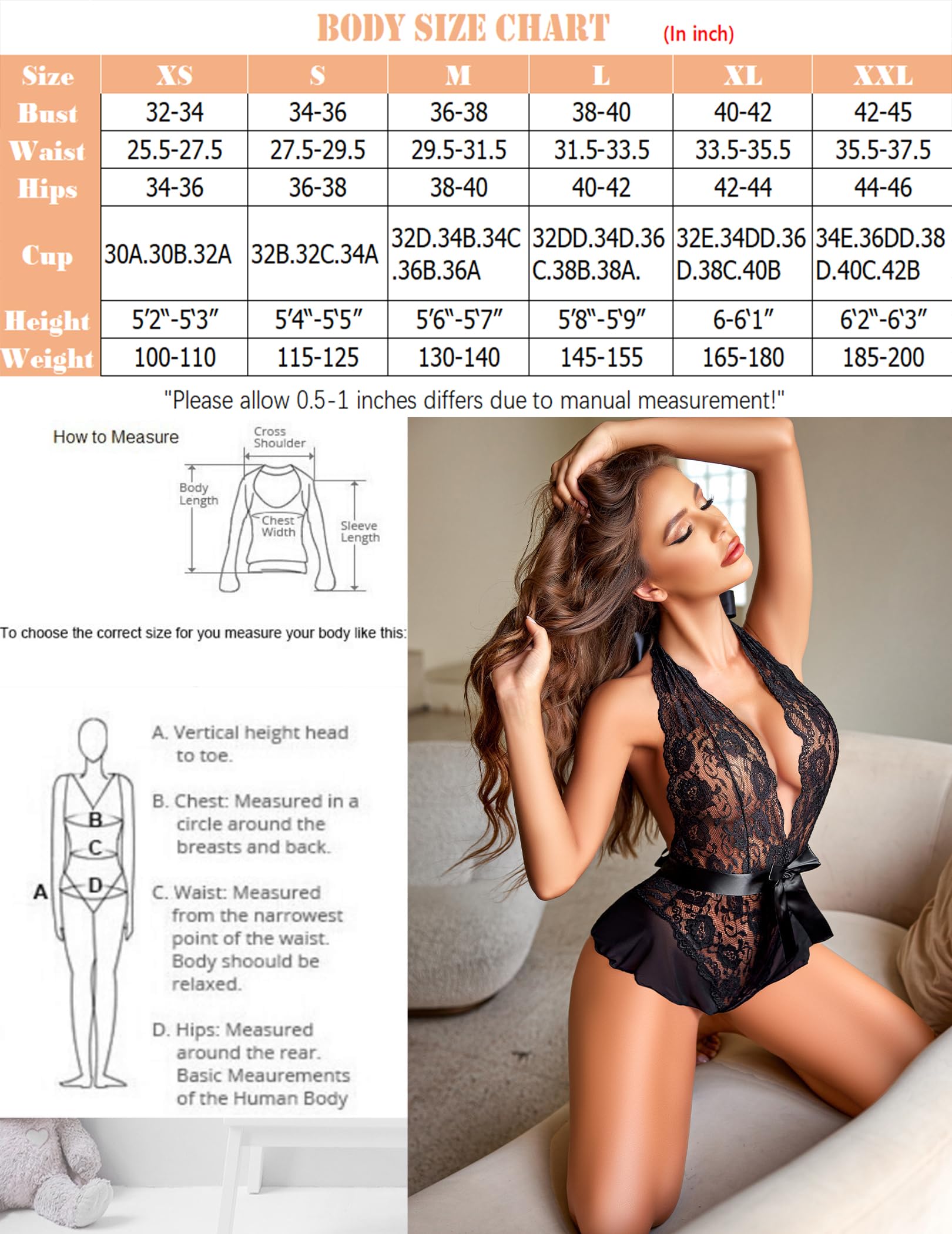 Avidlove Womens Halter Plunging Teddy Lace Lingerie Bodysuit One Piece Babydoll Black Small