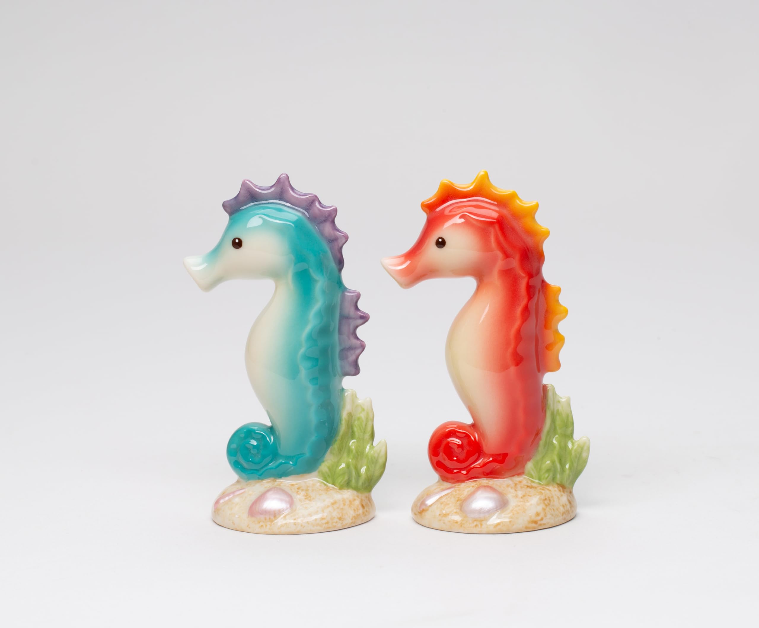 Fine Porcelain Colorful Seahorse Salt & Pepper Shakers Set, 4" H