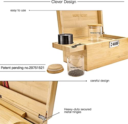 Viking Factory Decorative Box Set with Combination Lock - Premium Large Bamboo Storage Box Removable Tray Brush, Wooden Storage Roll Kit with All Accessories (Sliding Tray)